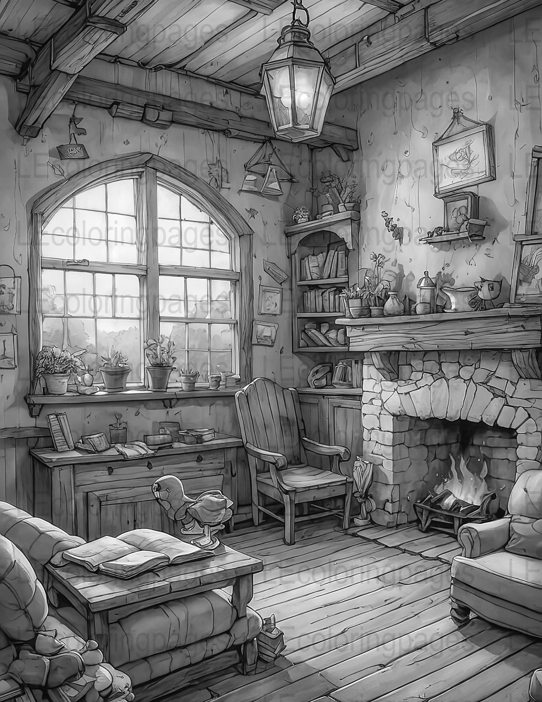 Rustic Cabin Interior Grayscale Coloring Page, Cozy Fireplace Room ...