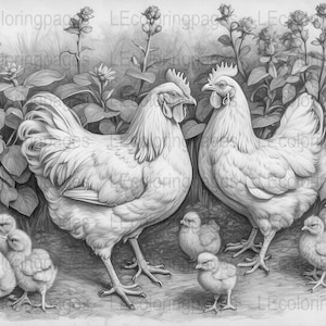 Grayscale Chicken Family Coloring Page, Adult Stress Relief, JPG ...