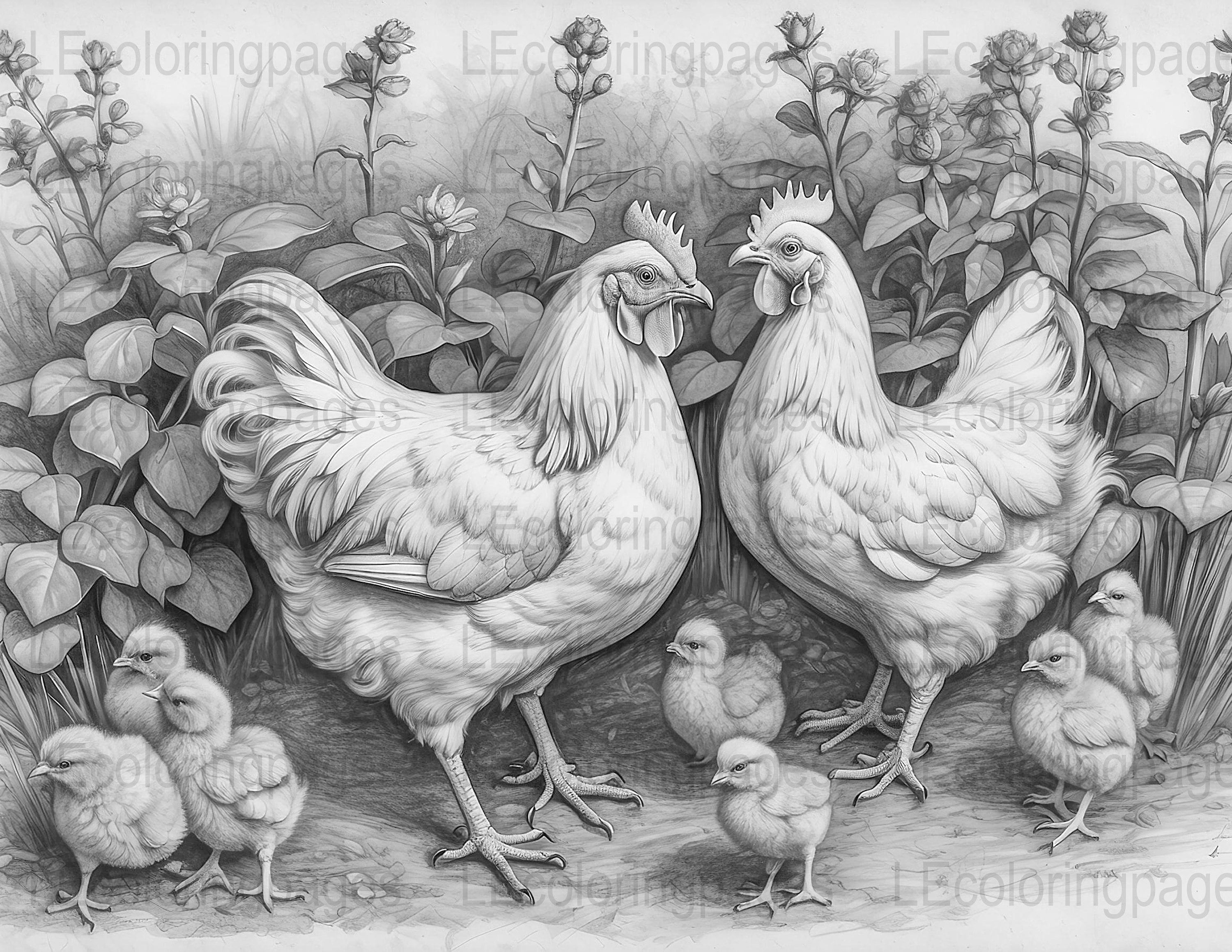 Grayscale Chicken Family Coloring Page, Adult Stress Relief, JPG ...