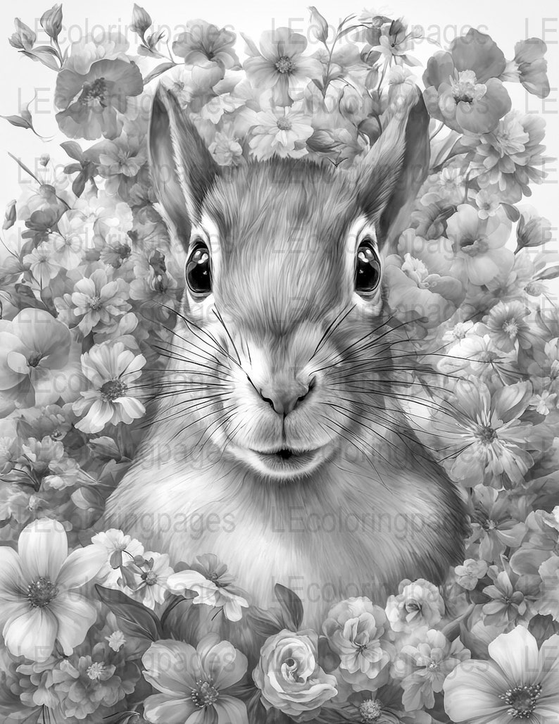 Adult Coloring Page, Printable Grayscale Bunny With Flowers, Stress ...