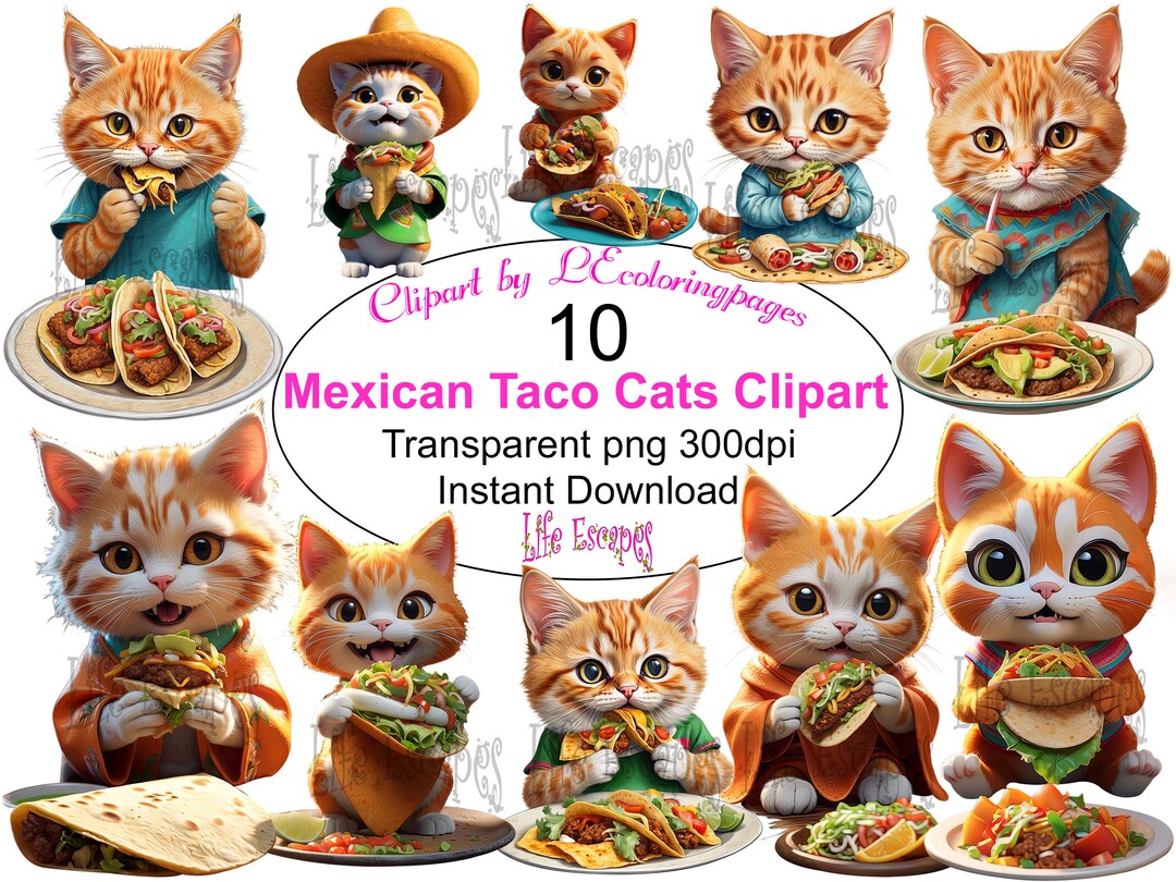 Mexican Taco Cats Clipart Set, Cute Kitten Graphics, Digital Download ...