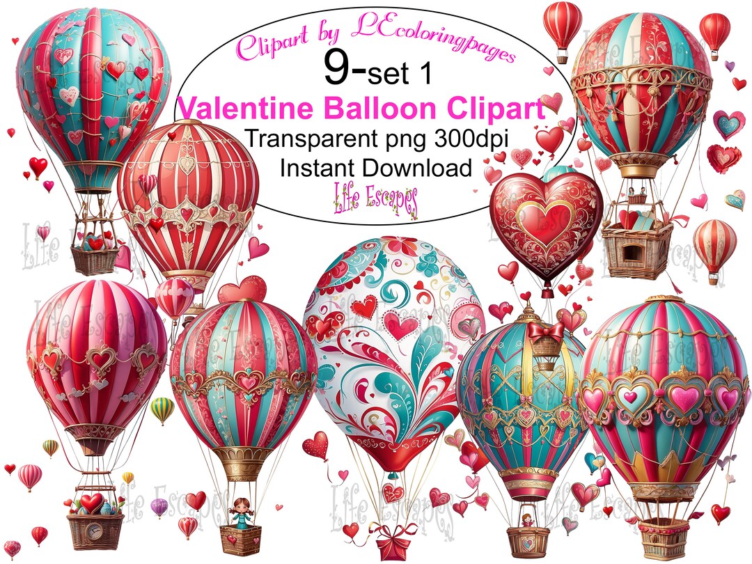 Printable Valentine Hot Air Balloon Clipart Bundle - Set #1, PNG ...