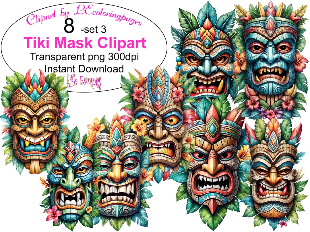 Tiki Mask Clipart Set, Tropical Hawaiian Polynesian Cultural Art ...