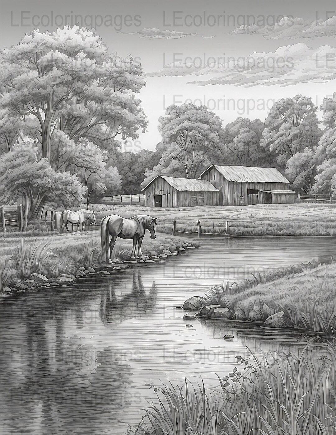 Grayscale Coloring Pages for Adults, Scenic Farm and Horses, 8.5 X 11 ...