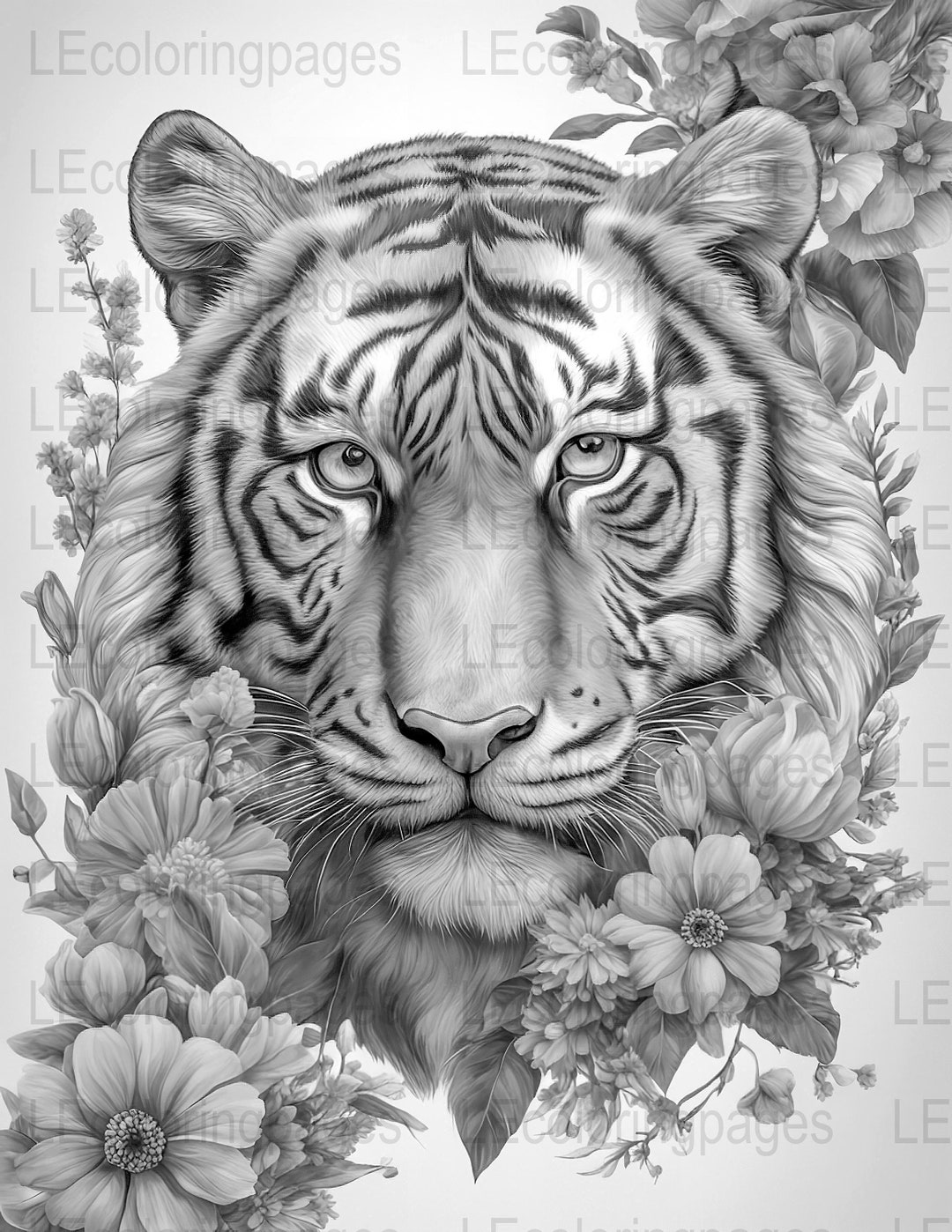 Adult Coloring Page Grayscale Tiger Printable, Floral Mandala Pattern ...