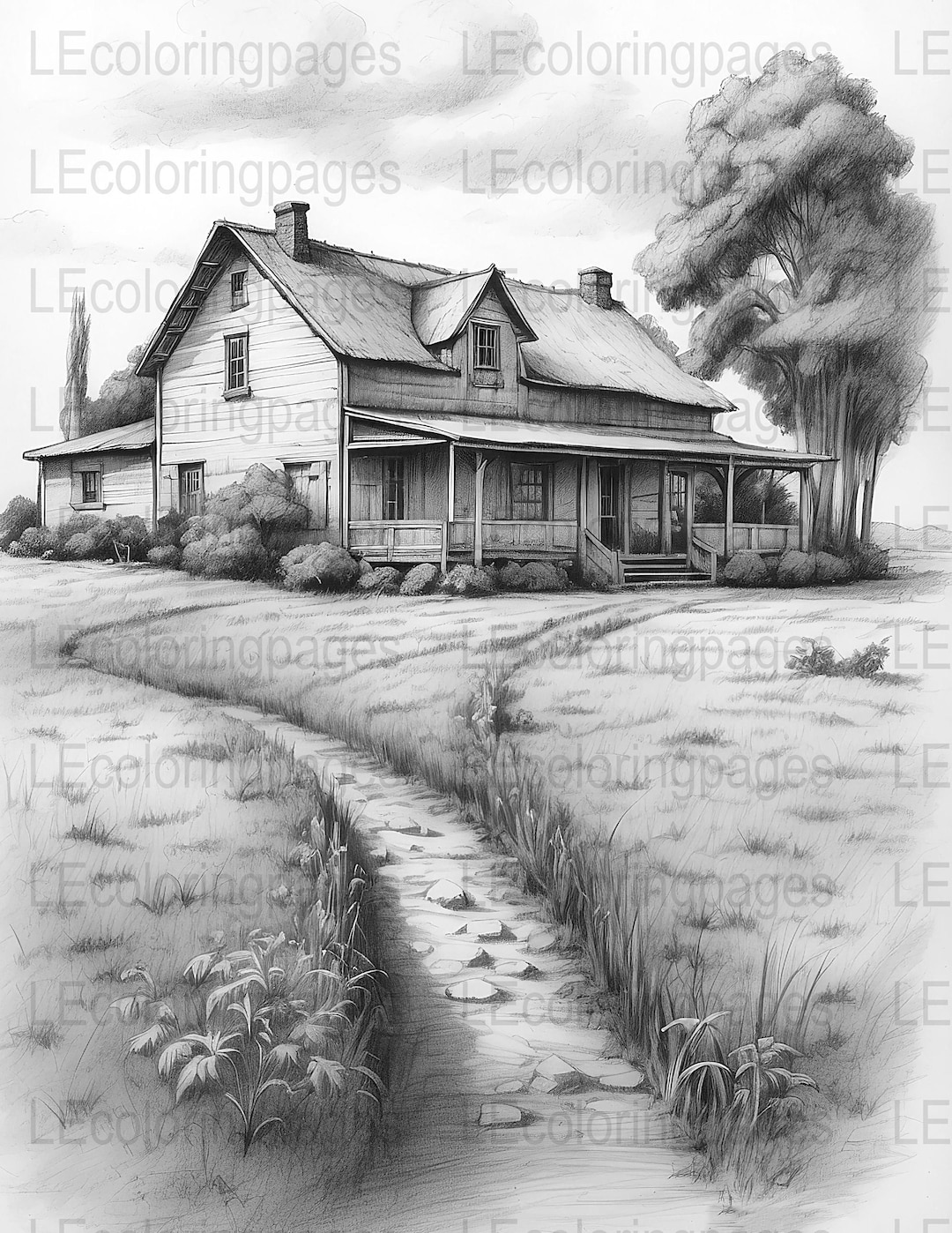 Rustic Farmhouse Adult Coloring Page, Printable Grayscale Countryside ...