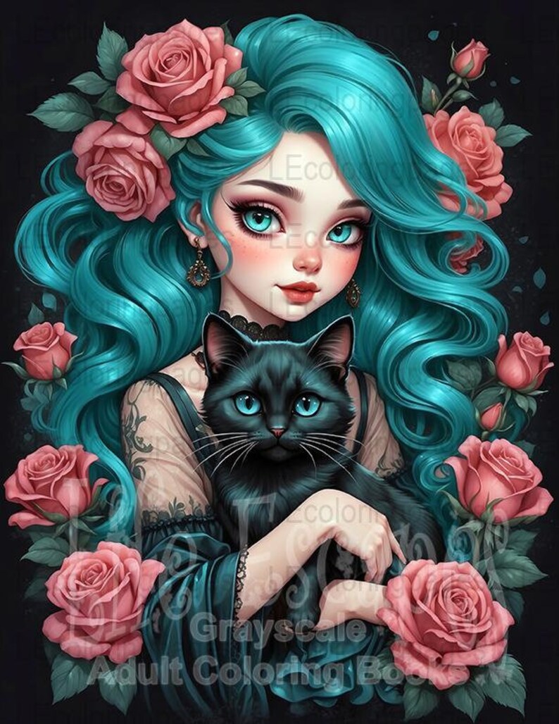 Gothic Cat Girl Grayscale Coloring Page for Adults 52 Instant Download ...