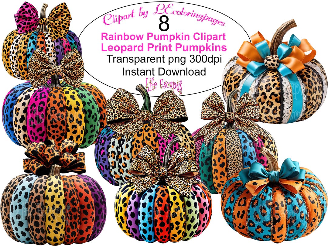 Rainbow Pumpkin Clipart, Leopard Print Pumpkins, 8 Transparent PNG ...