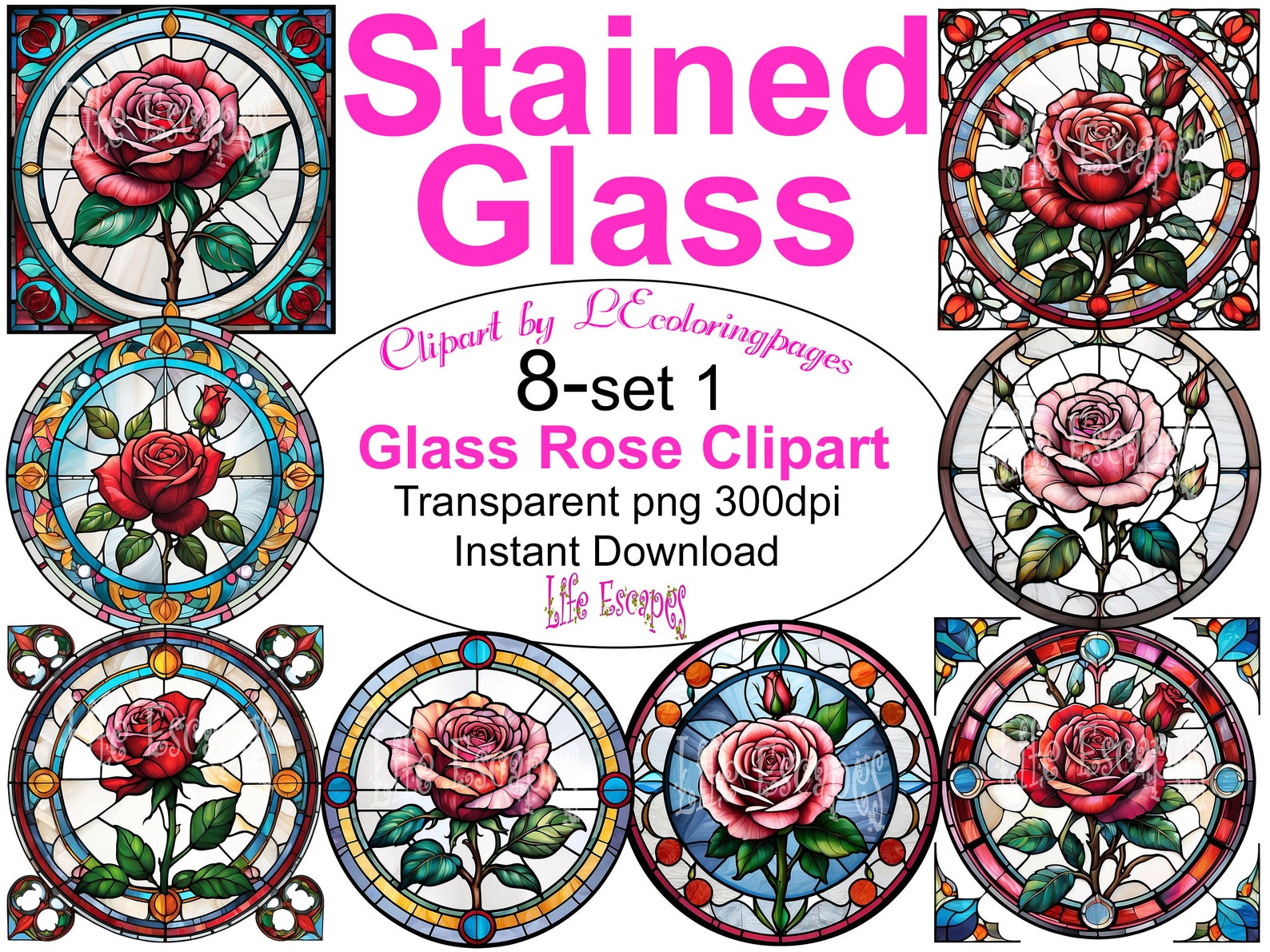 Printable Stained Glass Rose Clipart Bundle - Set #1, PNG, Commercial ...