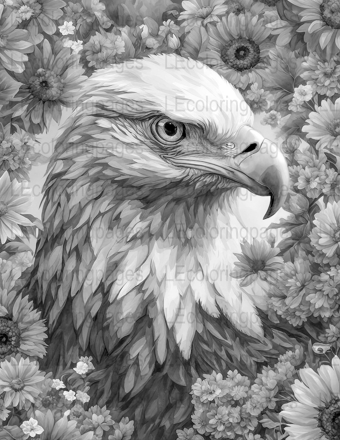 Majestic Eagle Coloring Page, Blossoms Grayscale Art (instant Download ...