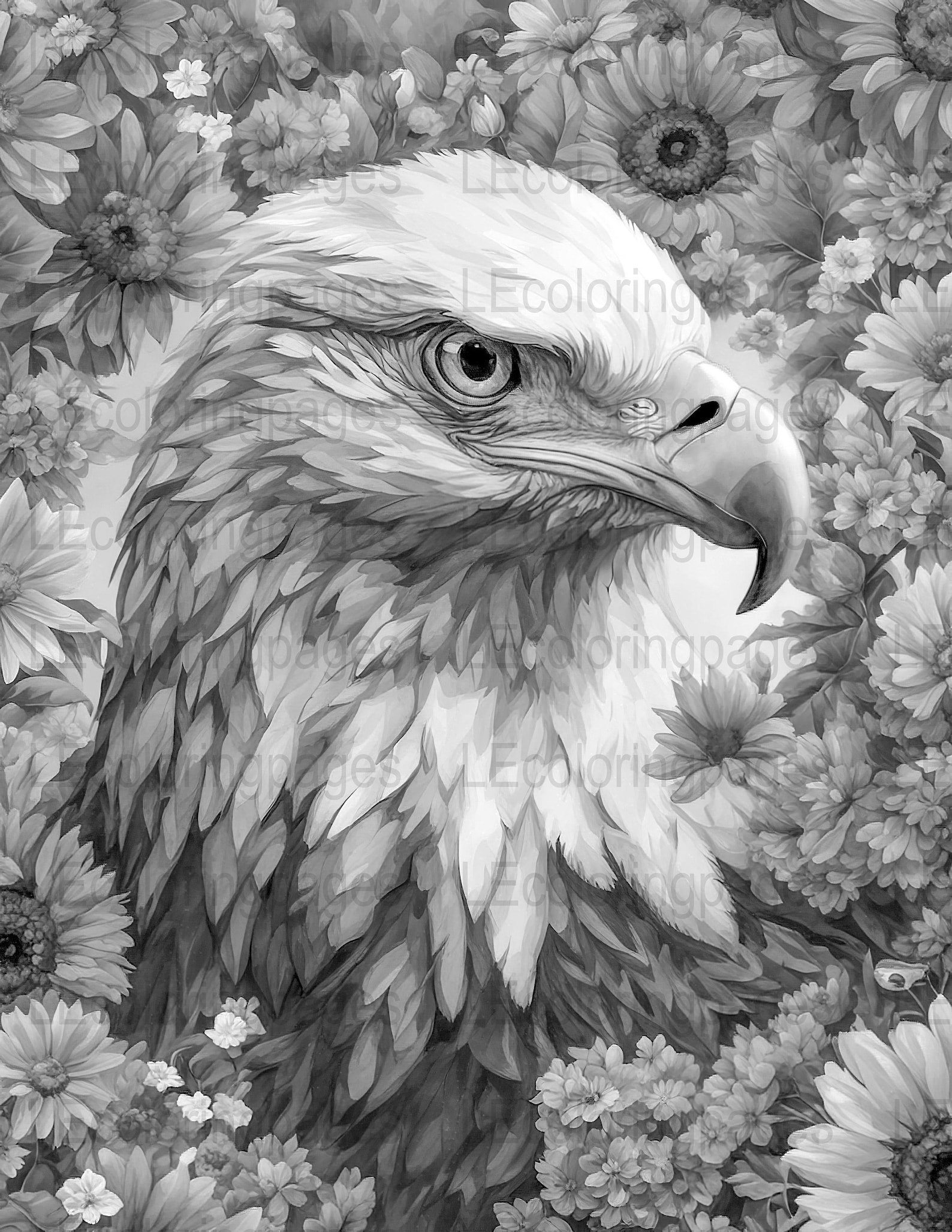 Majestic Eagle Coloring Page, Blossoms Grayscale Art (instant Download ...