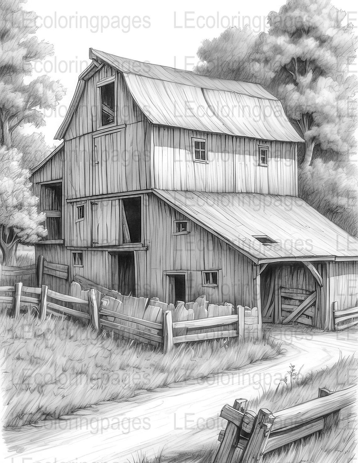 Rustic Barn Countryside Scene Grayscale Coloring Page, Adult Relaxation ...