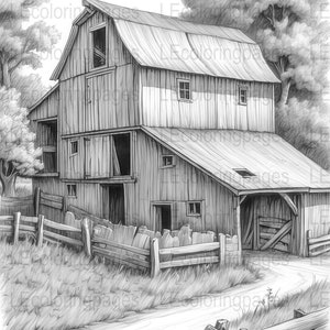 Rustic Barn Countryside Scene Grayscale Coloring Page, Adult Relaxation ...