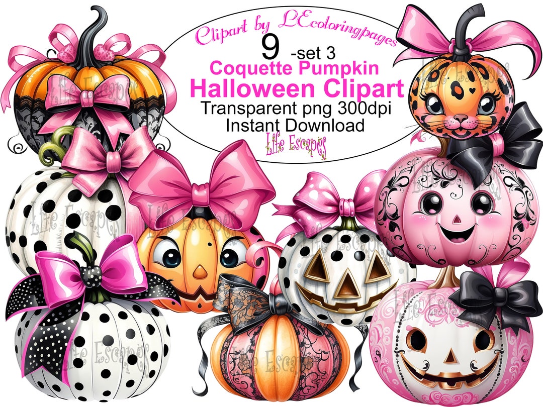 Halloween Pumpkin Clipart Set, Cute Coquette Pumpkin Clipart, Halloween ...