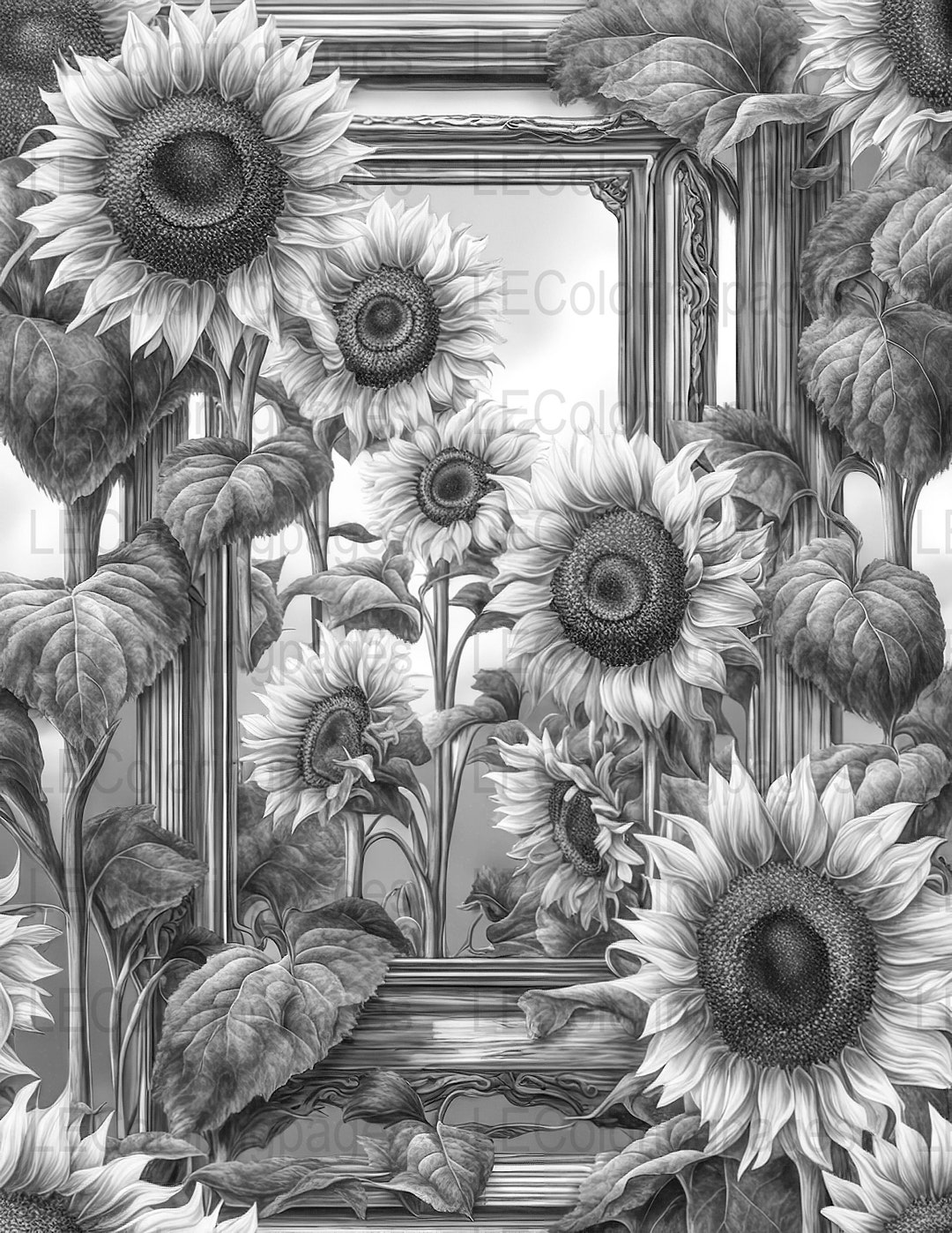 Sunflowers Grayscale Coloring Page for Adults #44 Instant Download ...