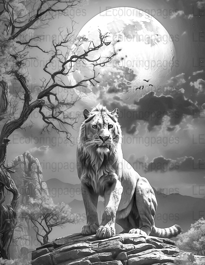 Majestic Lion Grayscale Coloring Page, Adult Stress Relief, Printable ...