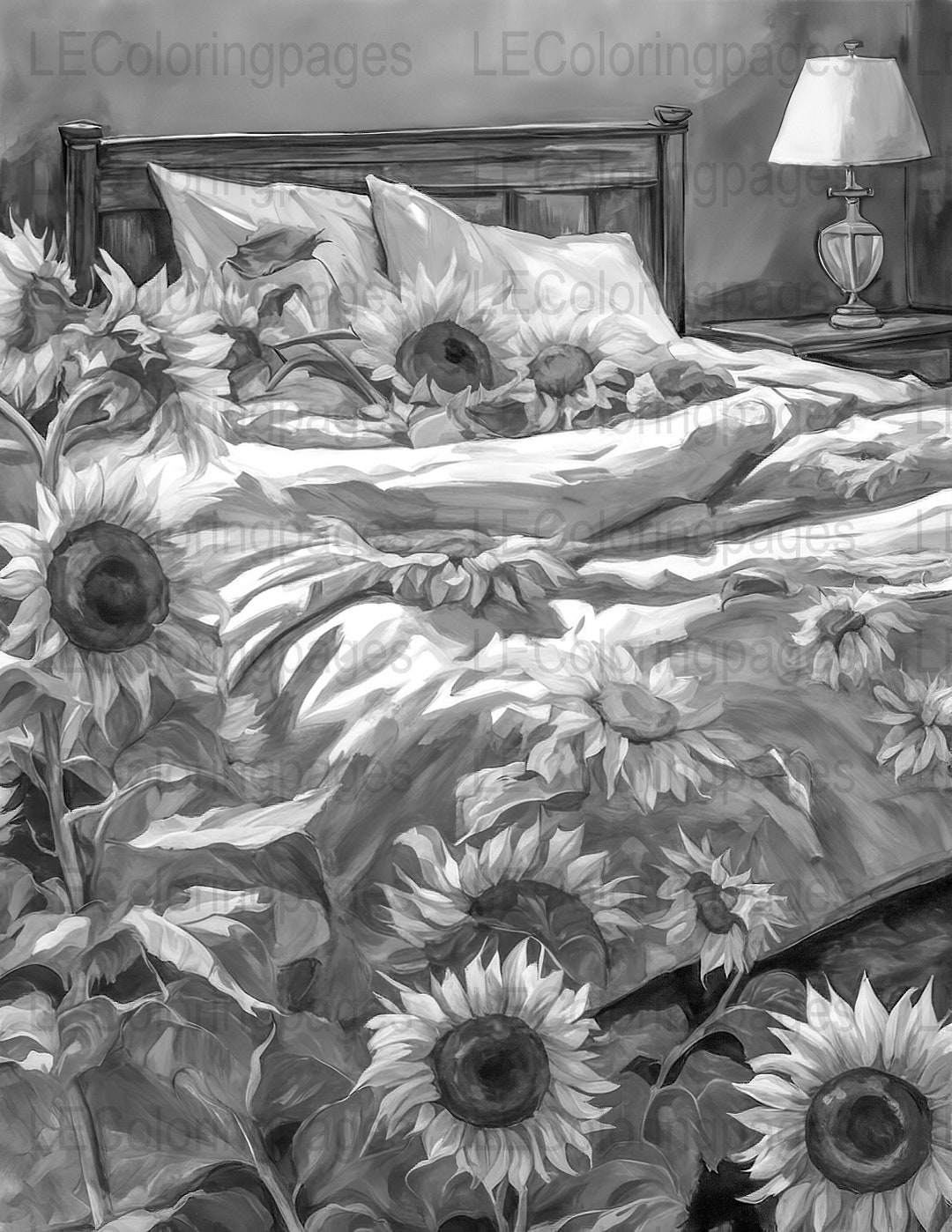 Sunflowers Grayscale Coloring Page for Adults #12 Instant Download ...