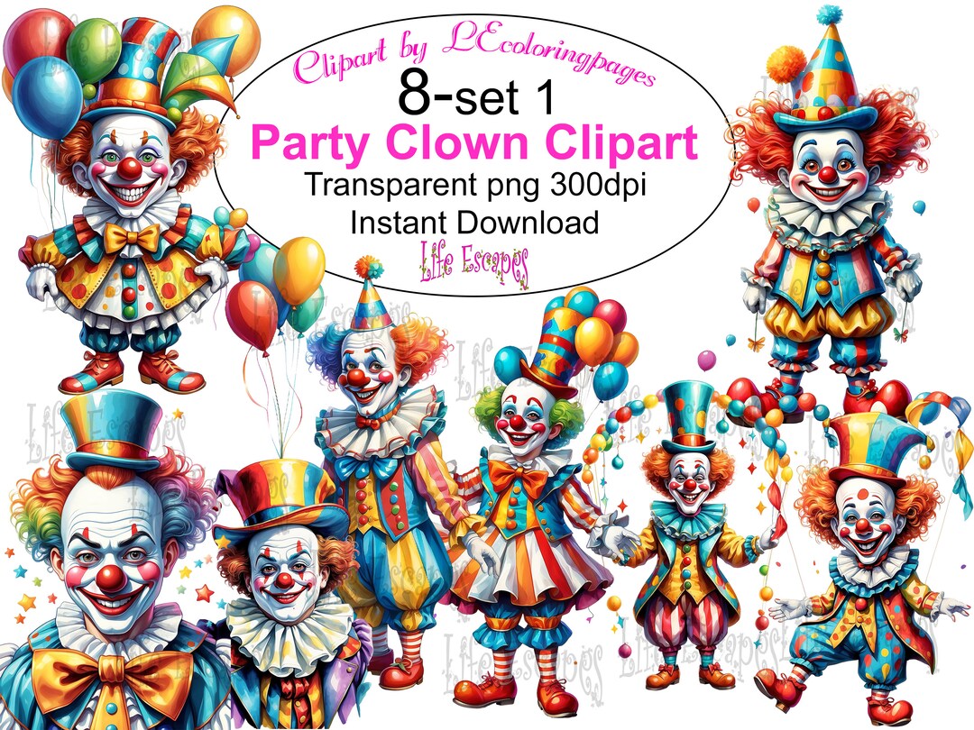 Printable Party Clown Clipart Bundle - Set #1, PNG, Commercial Use ...