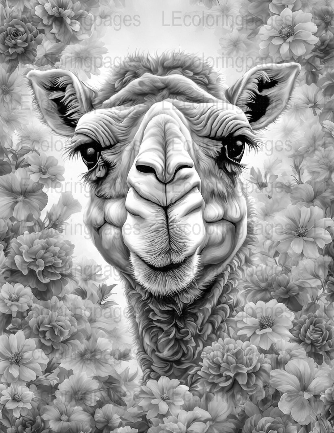 Grayscale Camel Adult Coloring Page, Printable Floral Background ...