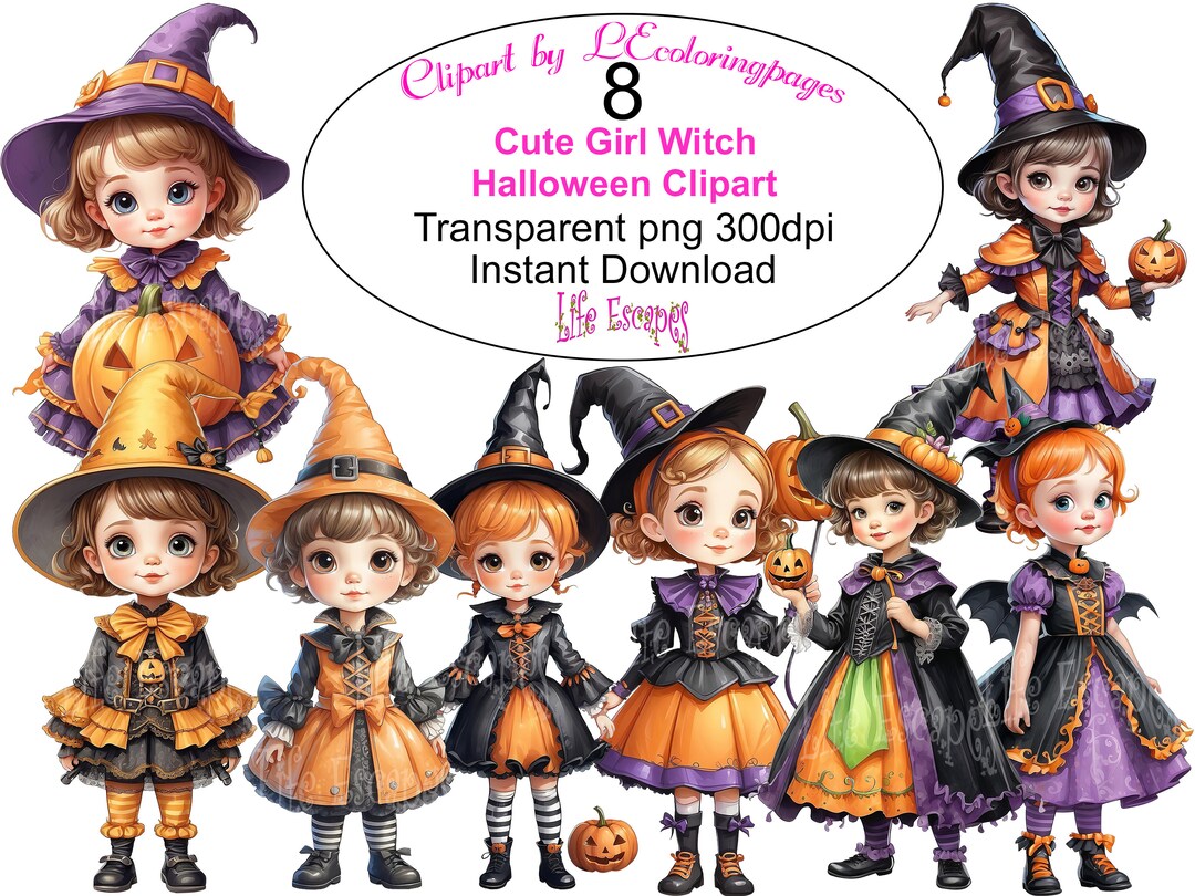 Cute Girl Witch Halloween Clipart, 8 Transparent PNG, Digital Download ...