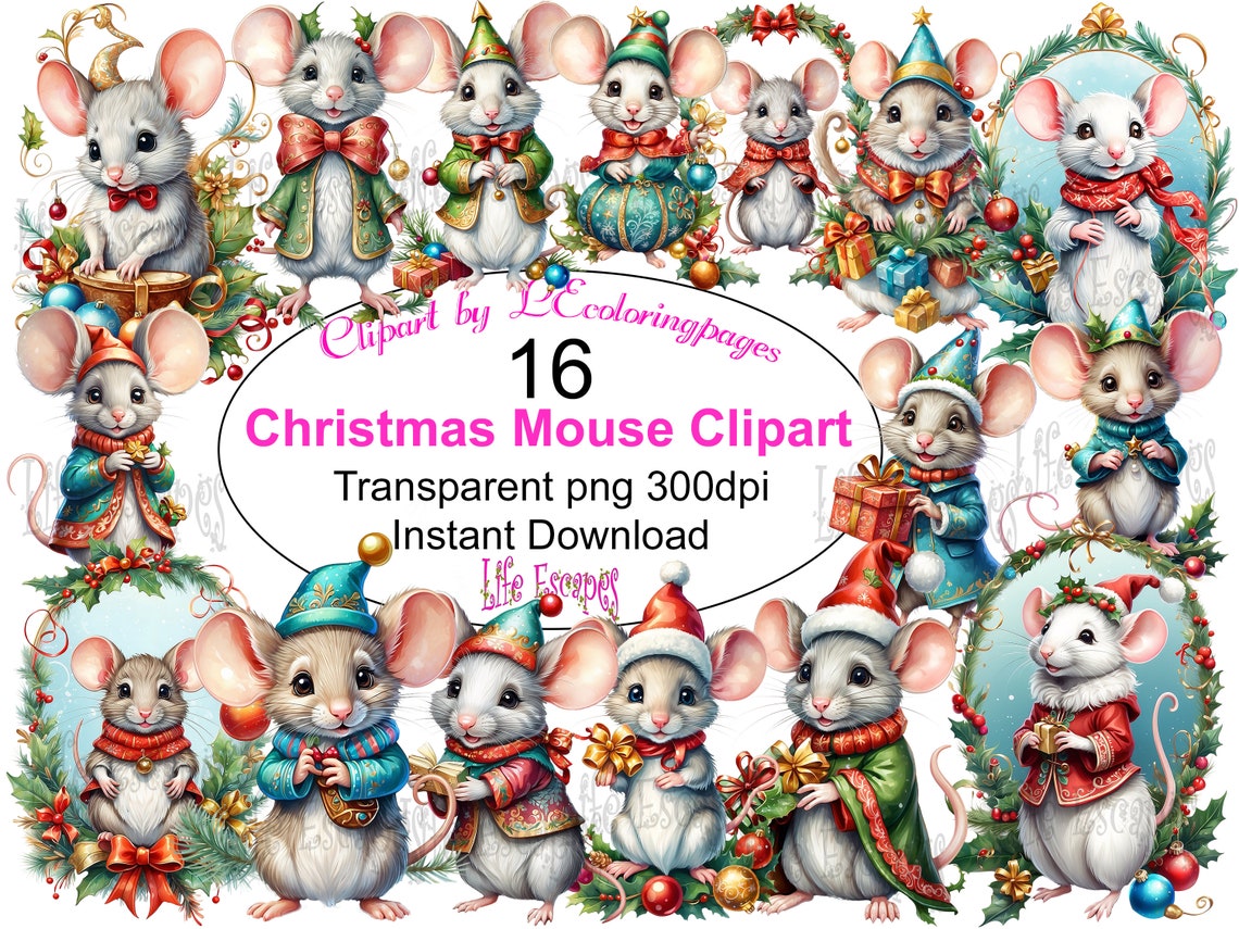 Printable Christmas Mouse Clipart Set - Set #1, PNG, Commercial Use ...