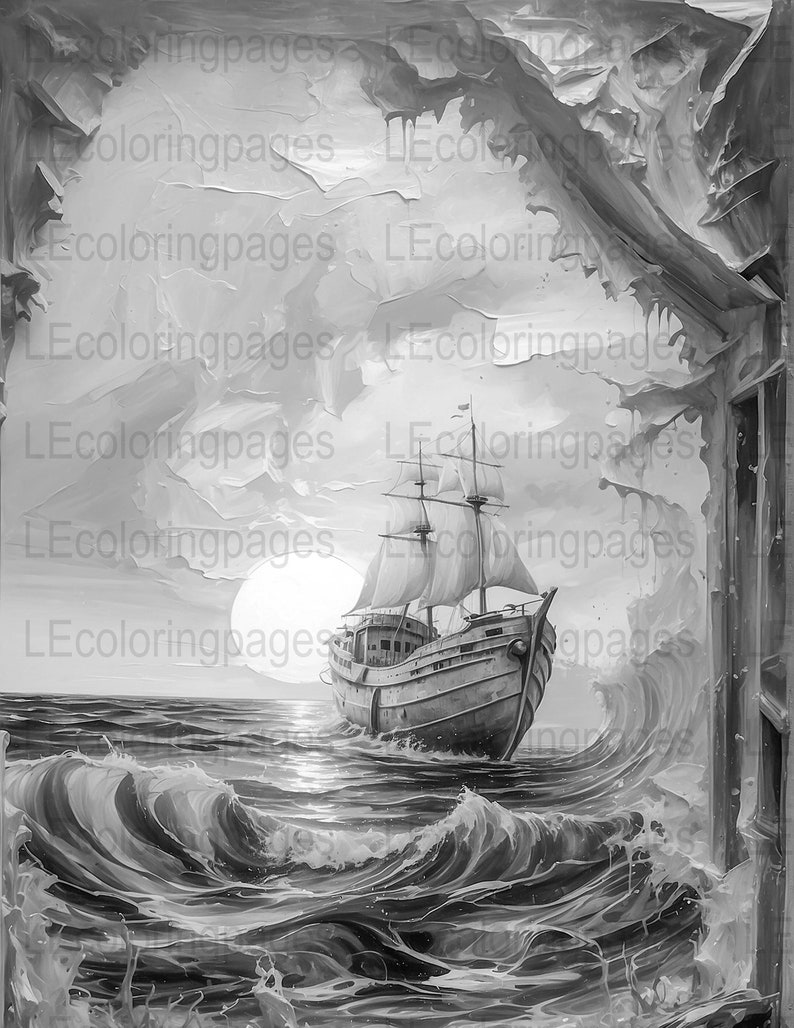 Printable Grayscale Coloring Page for Adults, Nautical Ship at Sea ...