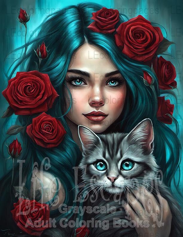 Gothic Cat Girl Grayscale Coloring Page for Adults 72 Instant Download ...