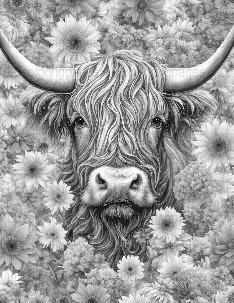 Highland Cow Coloring Page for Adults, Printable Grayscale Floral ...