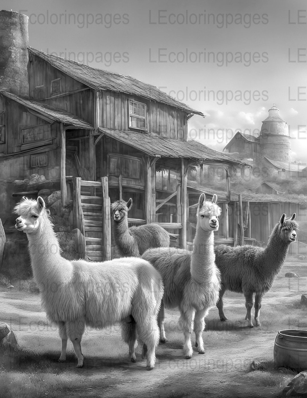 Farm Country Adult Coloring Page, Grayscale Llamas, Rustic Barn Scene ...