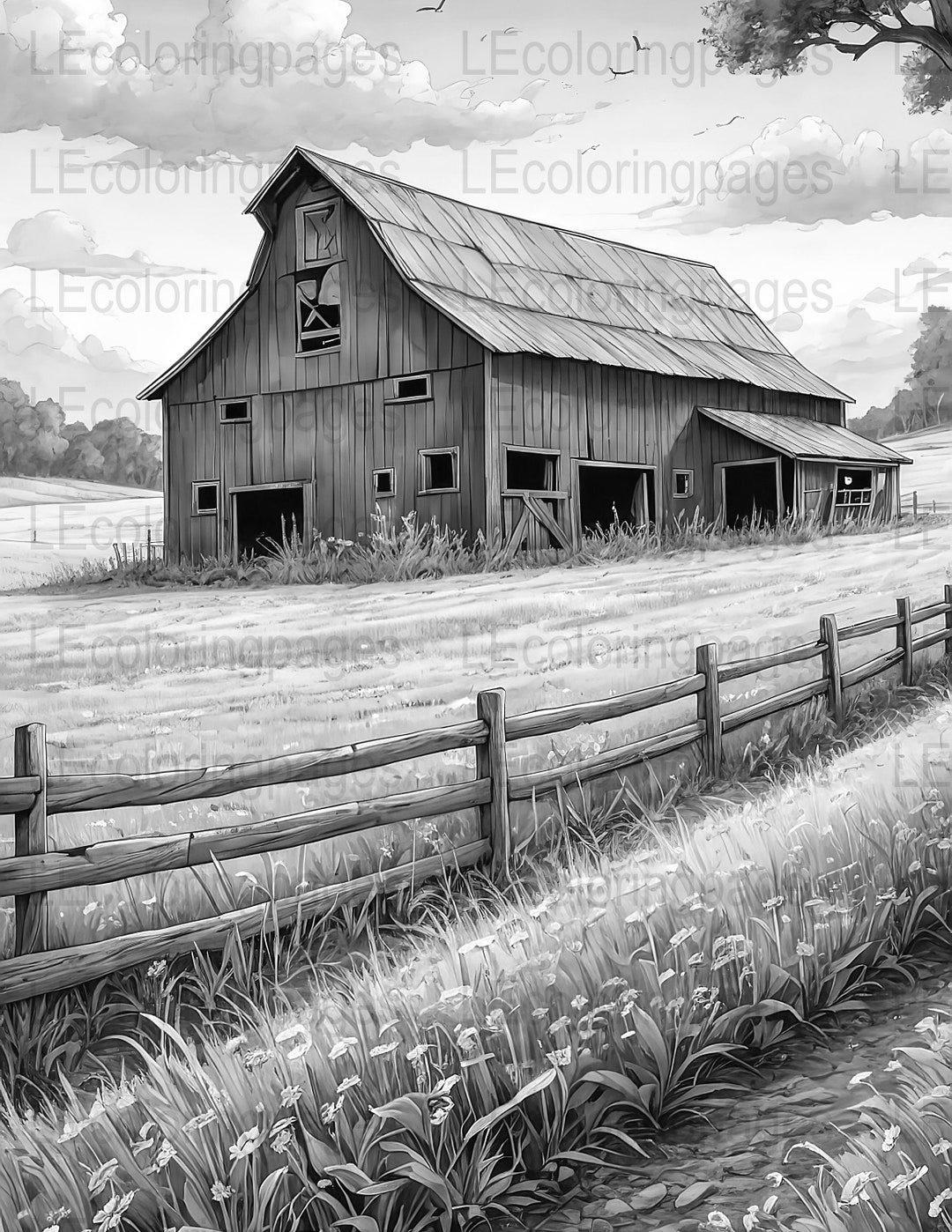 Printable Adult Coloring Page, Grayscale Barn Landscape, Digital ...