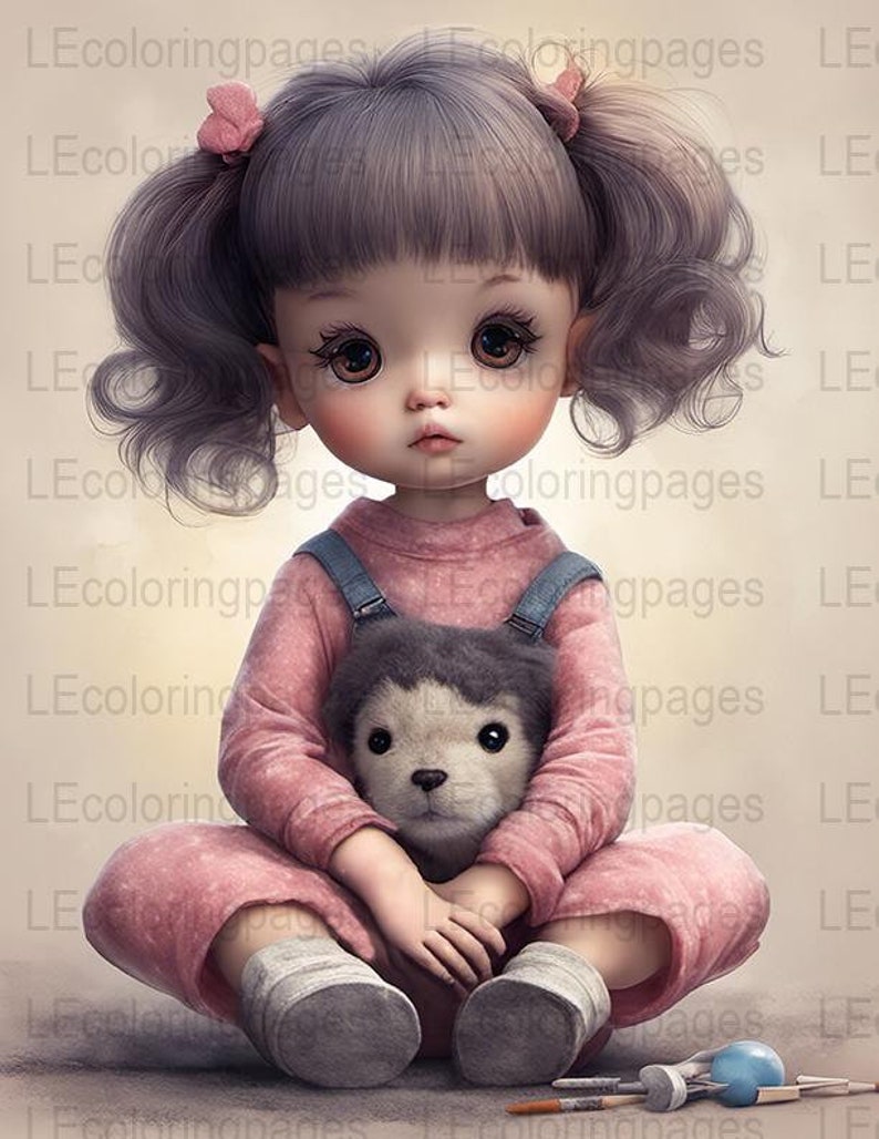 Grayscale Doll Coloring Page for Adults, Printable Detailed Doll Image ...
