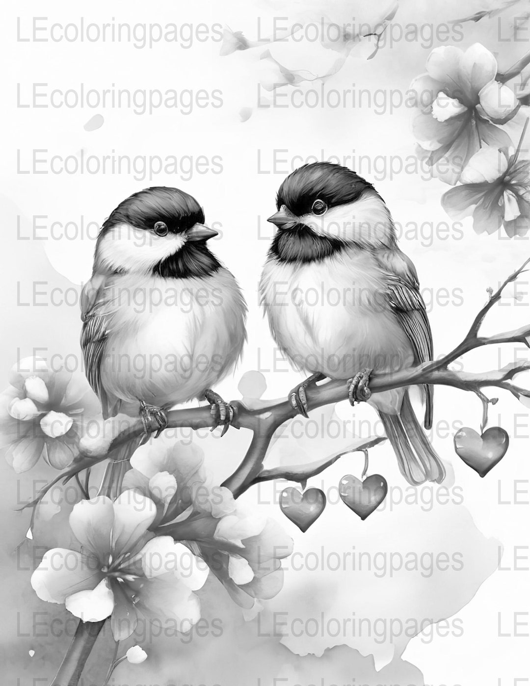 Adult Coloring Page, Grayscale Birds and Flowers, Printable Download ...