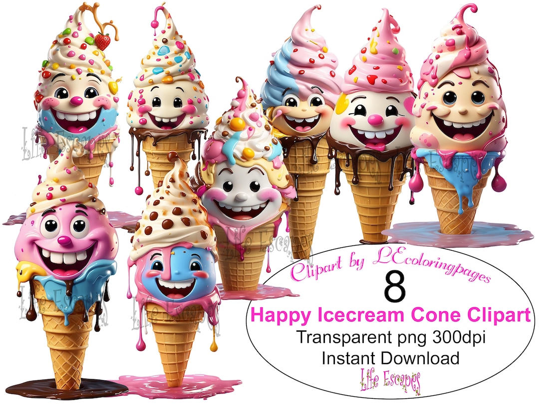 Cute Ice Cream Cone Clipart Set, Colorful Icecream Digital Download ...