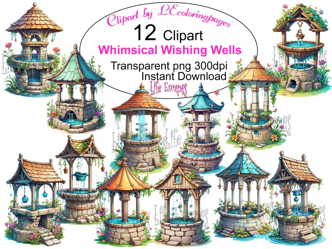 12 Clipart Whimsical Wishing Wells Set, Transparent PNG 300dpi, Instant Download, Commercial Use ...