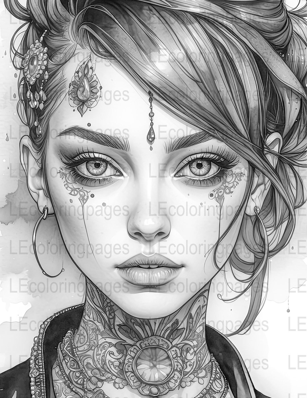 Grayscale Adult Coloring Page, Printable JPG, Intricate Portrait ...