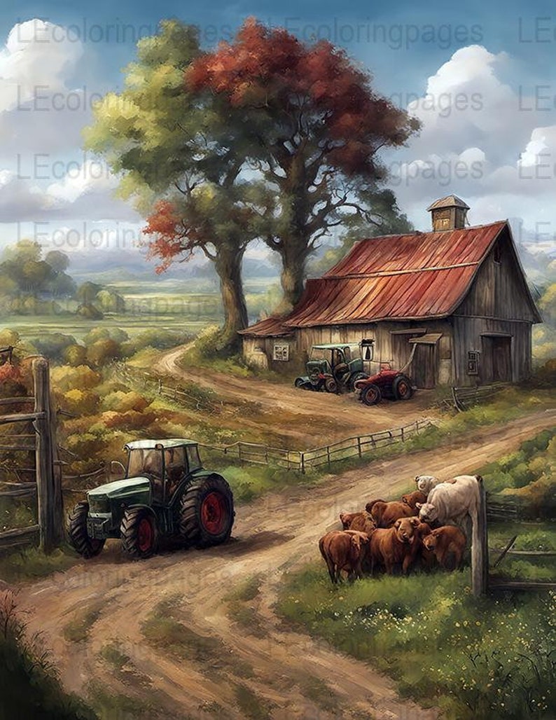 Farm Country Coloring Page for Adults, Rustic Barn and Tractor Scene ...