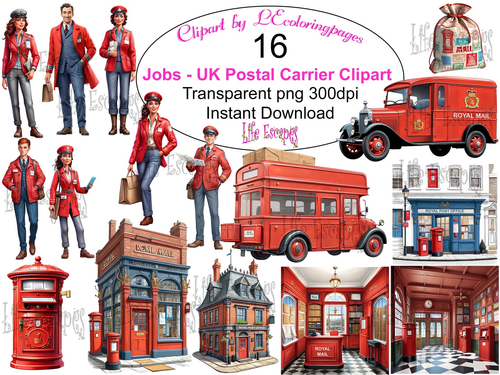 UK Postal Carrier Clipart Set, British Mail Graphics (PNG, Digital ...