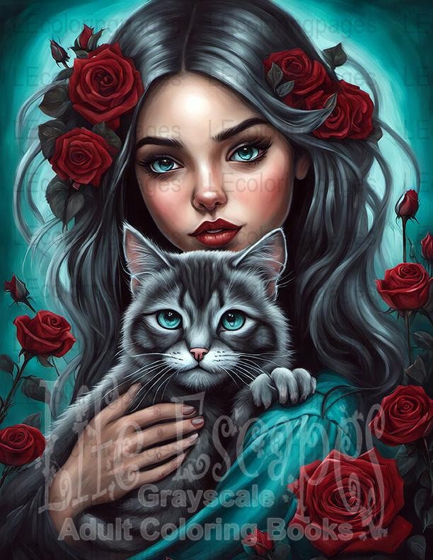 Gothic Cat Girl Coloring Page – Grayscale Fantasy Art (digital Download ...