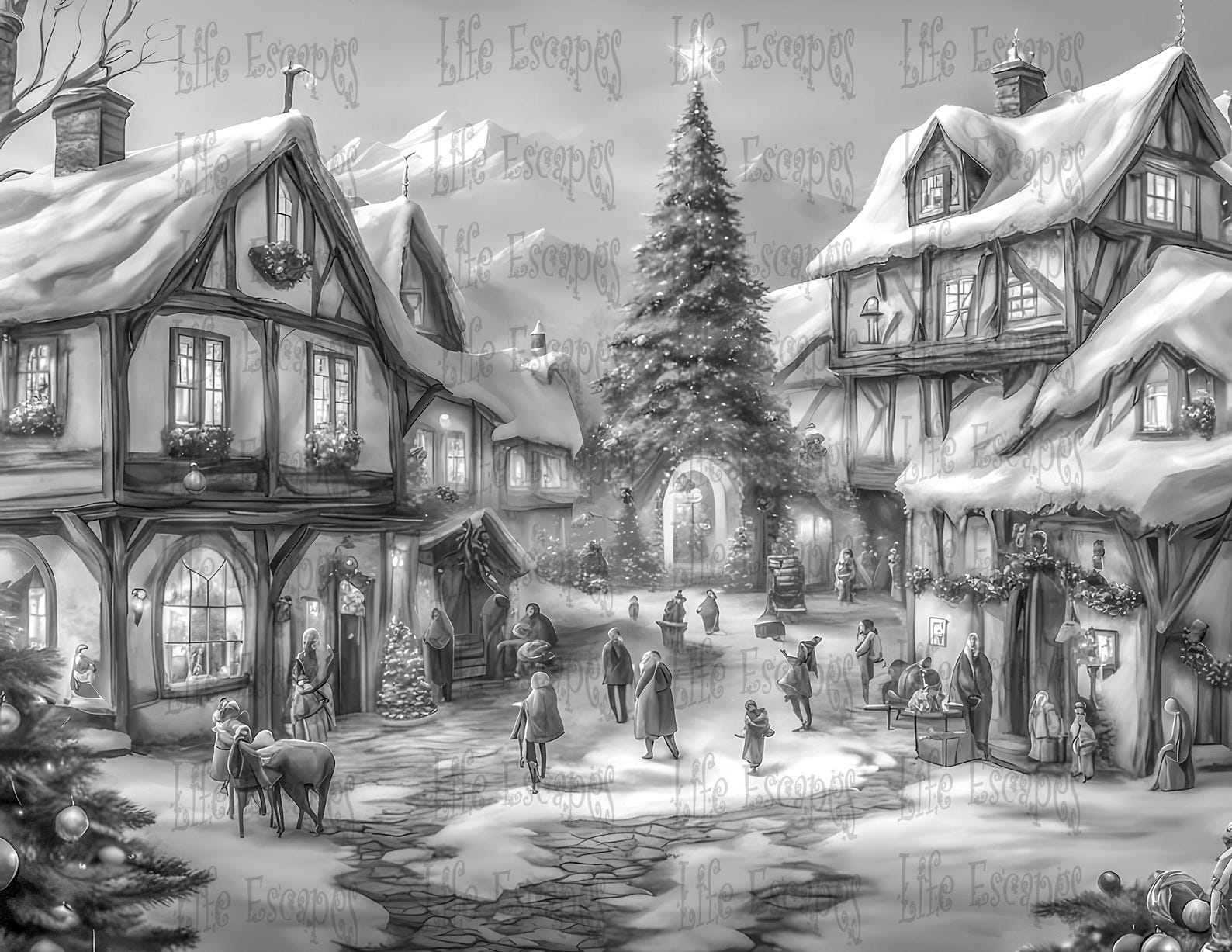 Christmas Grayscale Coloring Pages, Holiday Printable Art (PDF) - Etsy