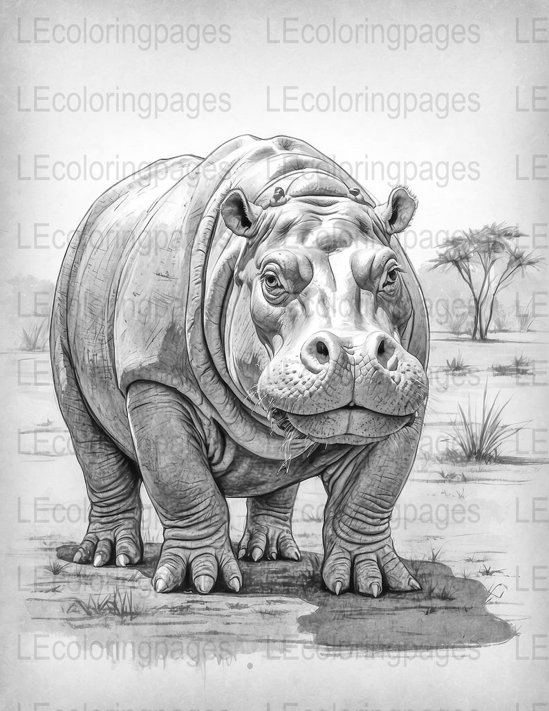 Adult Coloring Page HIPPO Grayscale Printable, Stress Relief Animal ...