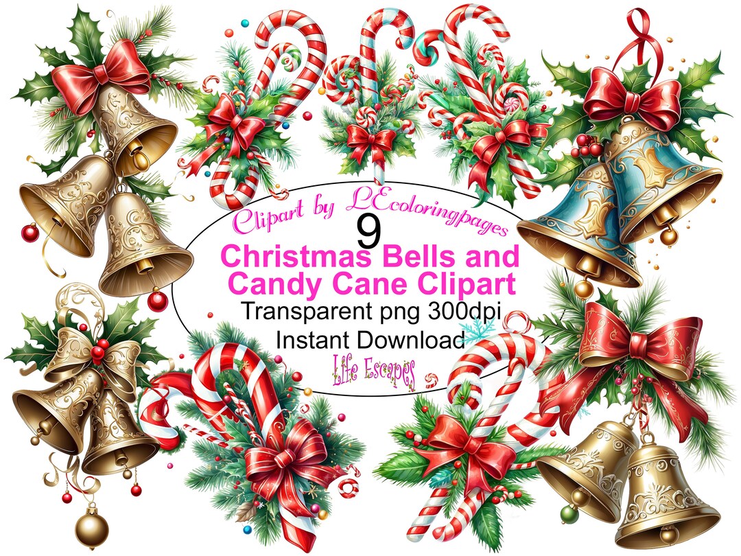Printable Christmas Bells & Candy Canes Clipart Set - Set #1, PNG ...