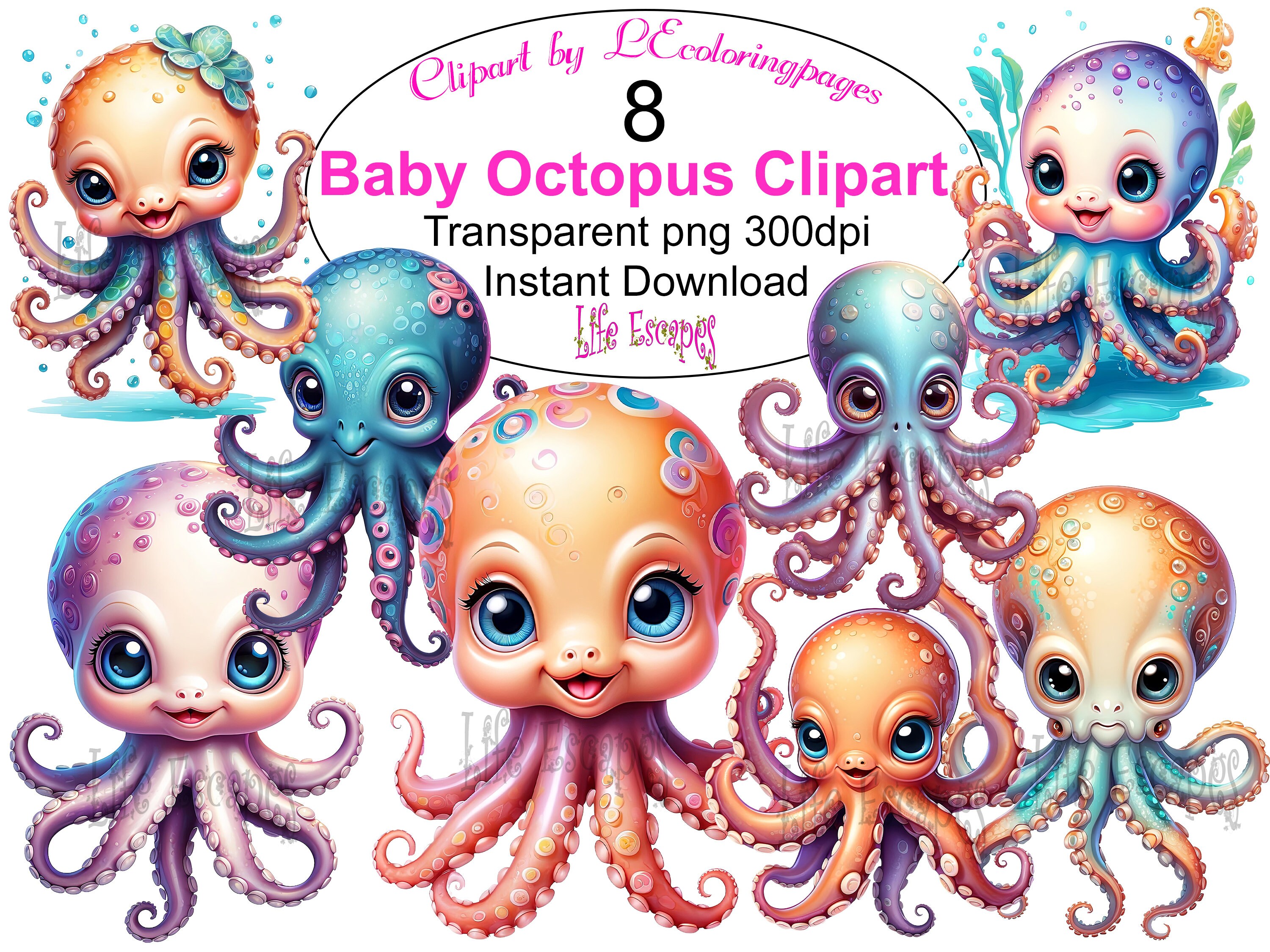 Cute Baby Octopus Clipart Set, Ocean Creatures Graphics, Commercial Use ...