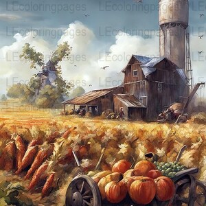 Farm Country Coloring Page for Adults, Rustic Barn Scene, Grayscale ...