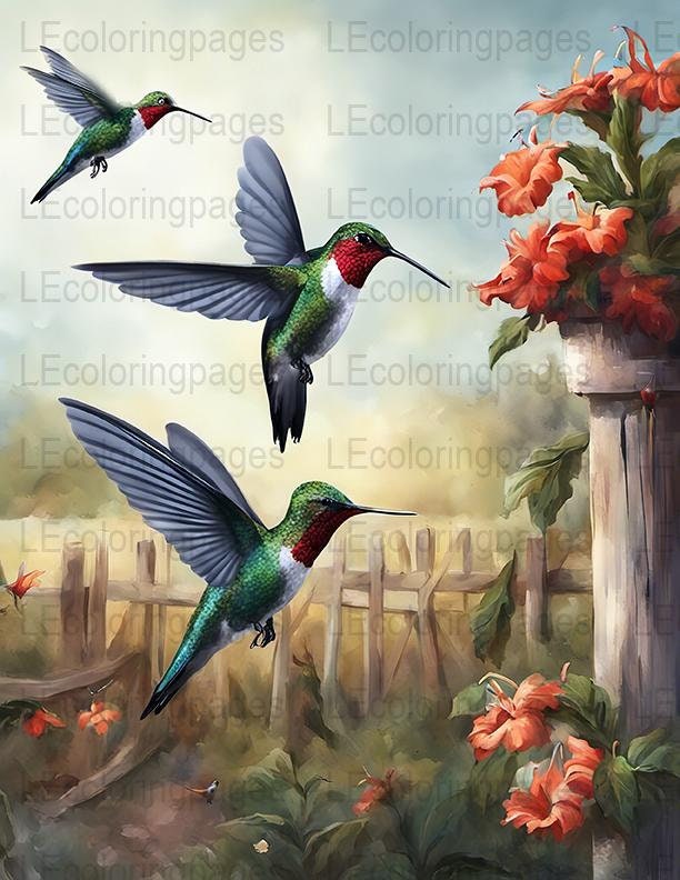 Adult Coloring Page Hummingbirds Grayscale, Printable Country Farm ...