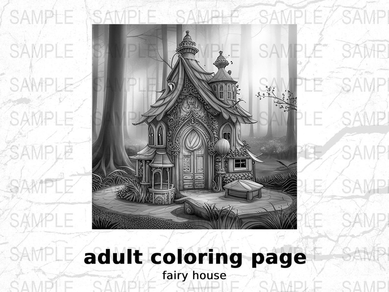 Printable Coloring Page Enchanting Grayscale Fairy House - Etsy