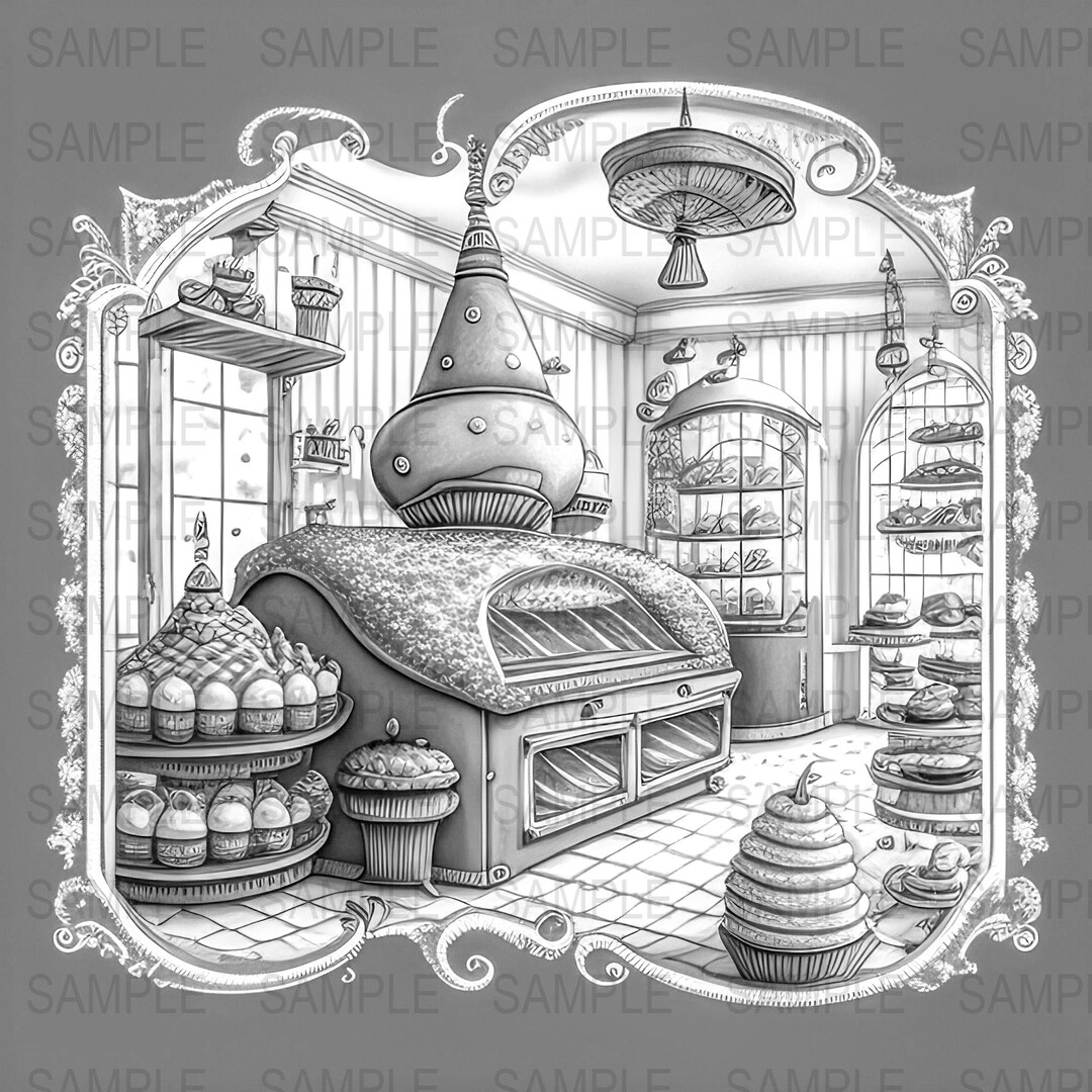 Printable Adult Coloring Page, 3D Whimsical Bakery - 8x8" Printable ...