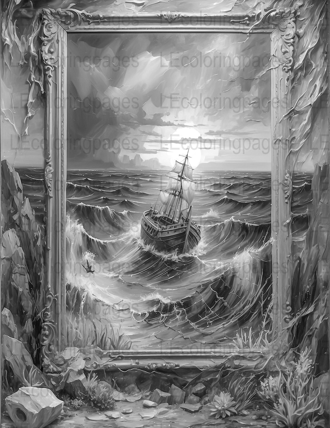 Grayscale Ocean Storm Adult Coloring Page, Printable Nautical Ship Art ...