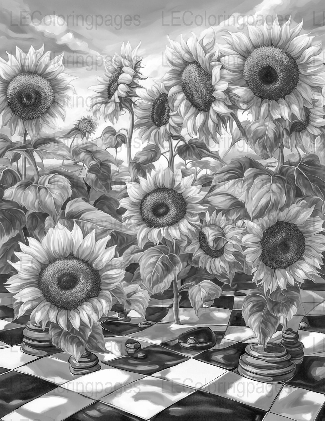 Sunflowers Grayscale Coloring Page for Adults 78 Instant Download ...