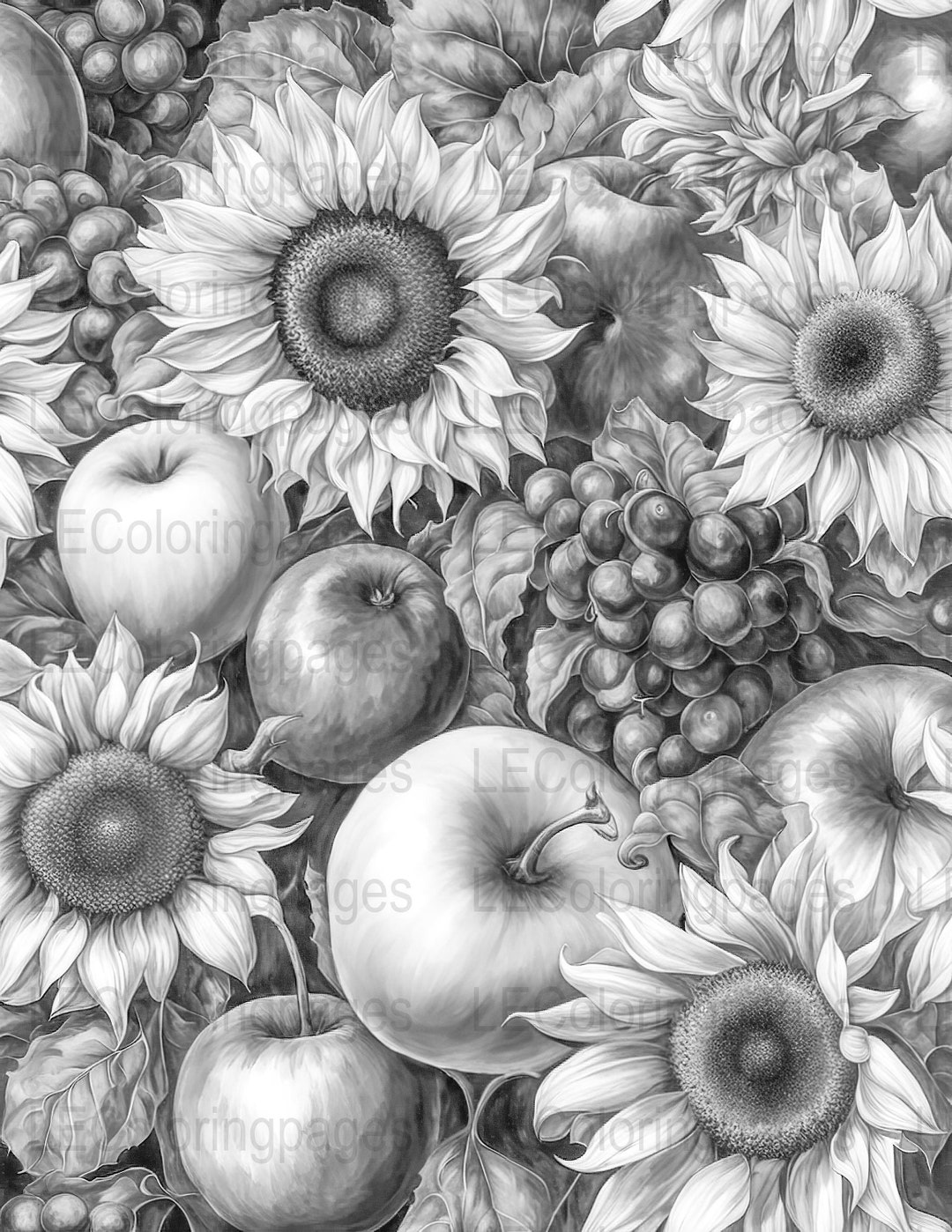 Sunflowers Grayscale Coloring Page for Adults #34 Instant Download ...