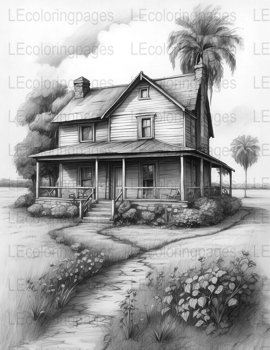Grayscale Country House Coloring Page for Adults, Relaxing Scenery ...